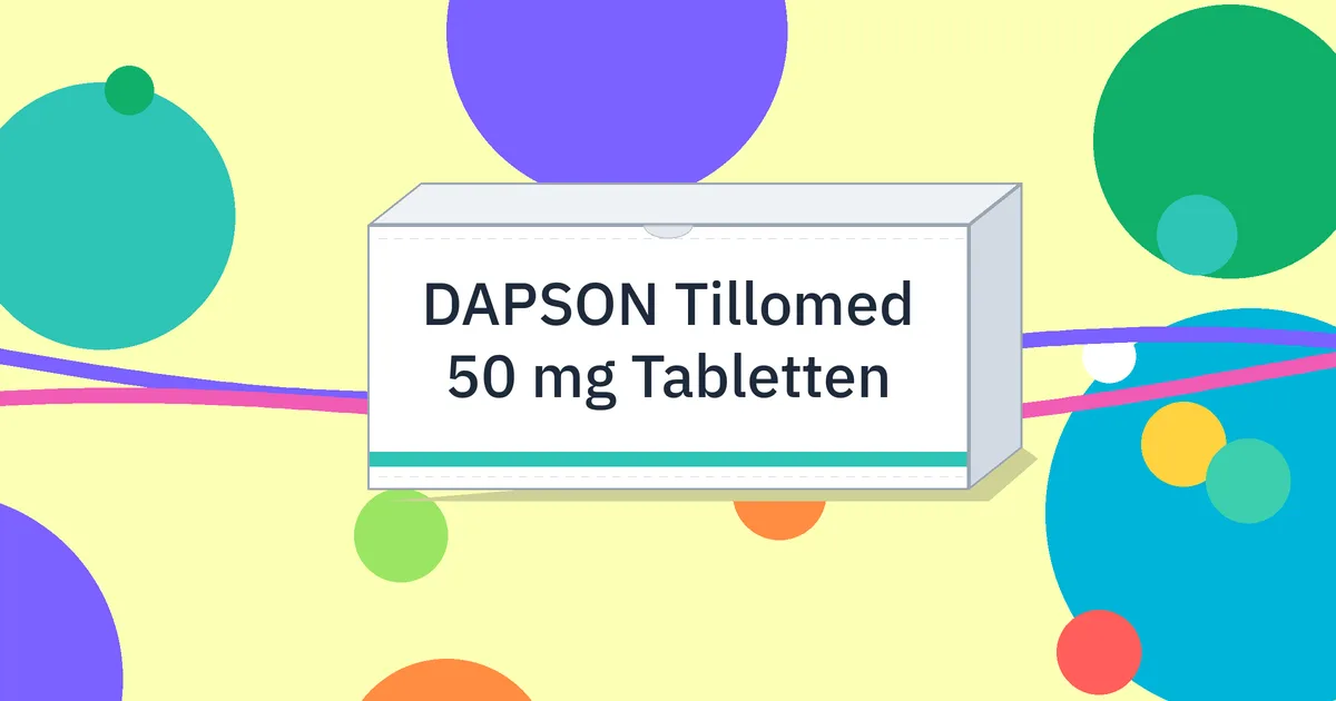 Symbolbild: Packung mit der Aufschrift DAPSON Tillomed 50 mg Tabletten (PZN 14341242) – Verfügbarkeit und Bezug in Apotheken in Frankfurt am Main