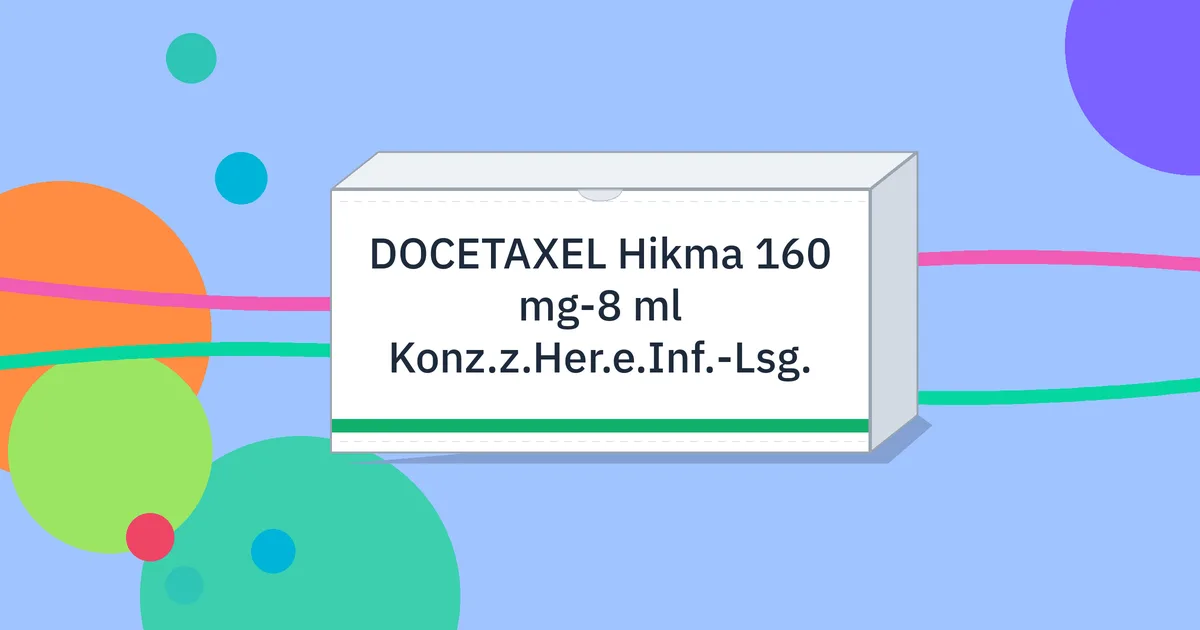 Symbolbild: Packung mit der Aufschrift DOCETAXEL Hikma 160 mg-8 ml Konz.z.Her.e.Inf.-Lsg. (PZN 17867921) – Verfügbarkeit und Bezug in Apotheken in Frankfurt am Main