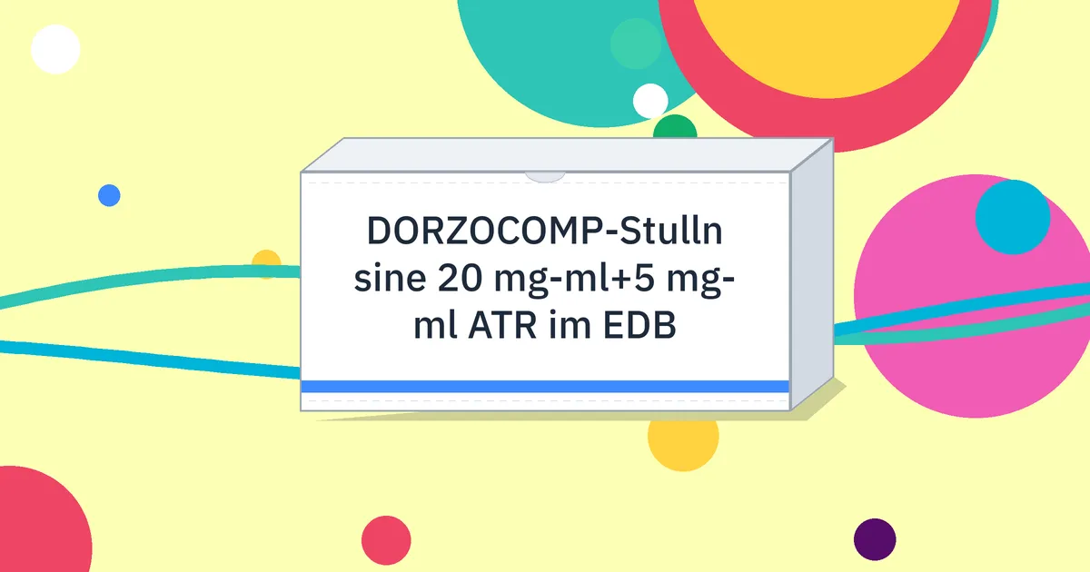 Symbolbild: Packung mit der Aufschrift DORZOCOMP-Stulln sine 20 mg-ml+5 mg-ml ATR im EDB (PZN 16384043) – Verfügbarkeit und Bezug in Apotheken in Frankfurt am Main