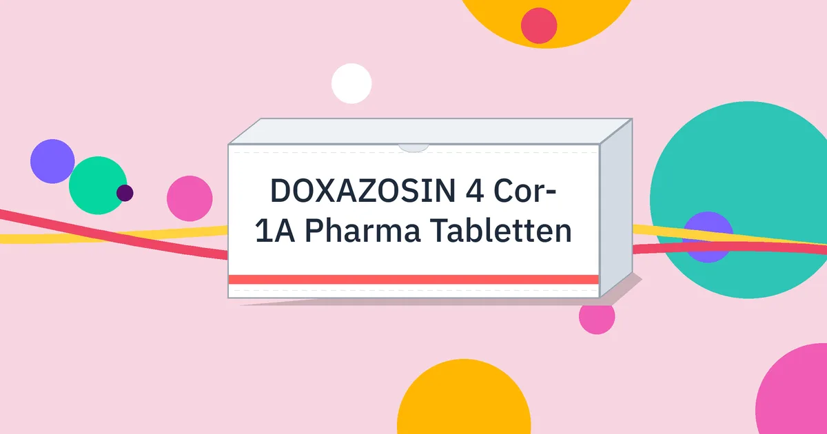 Symbolbild: Packung mit der Aufschrift DOXAZOSIN 4 Cor-1A Pharma Tabletten (PZN 02210279) – Verfügbarkeit und Bezug in Apotheken in Frankfurt am Main