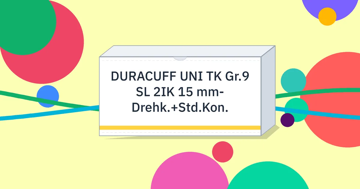 Symbolbild: Packung mit der Aufschrift DURACUFF UNI TK Gr.9 SL 2IK 15 mm-Drehk.+Std.Kon. (PZN 04958591) – Verfügbarkeit und Bezug in Apotheken in Frankfurt am Main