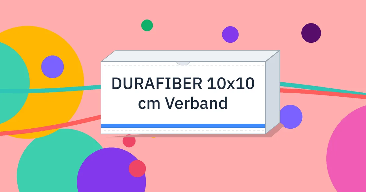 Symbolbild: Packung mit der Aufschrift DURAFIBER 10x10 cm Verband (PZN 17606310) – Verfügbarkeit und Bezug in Apotheken in Frankfurt am Main