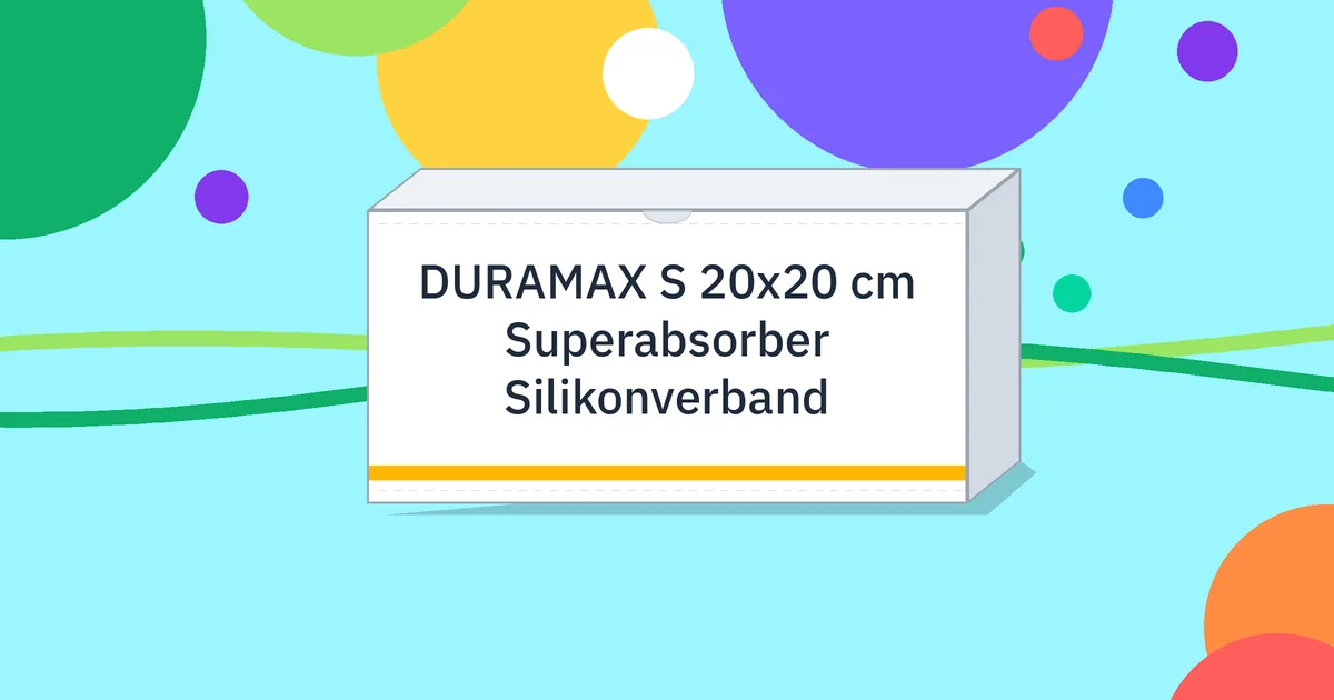 Symbolbild: Packung mit der Aufschrift DURAMAX S 20x20 cm Superabsorber Silikonverband (PZN 17944484) – Verfügbarkeit und Bezug in Apotheken in Frankfurt am Main