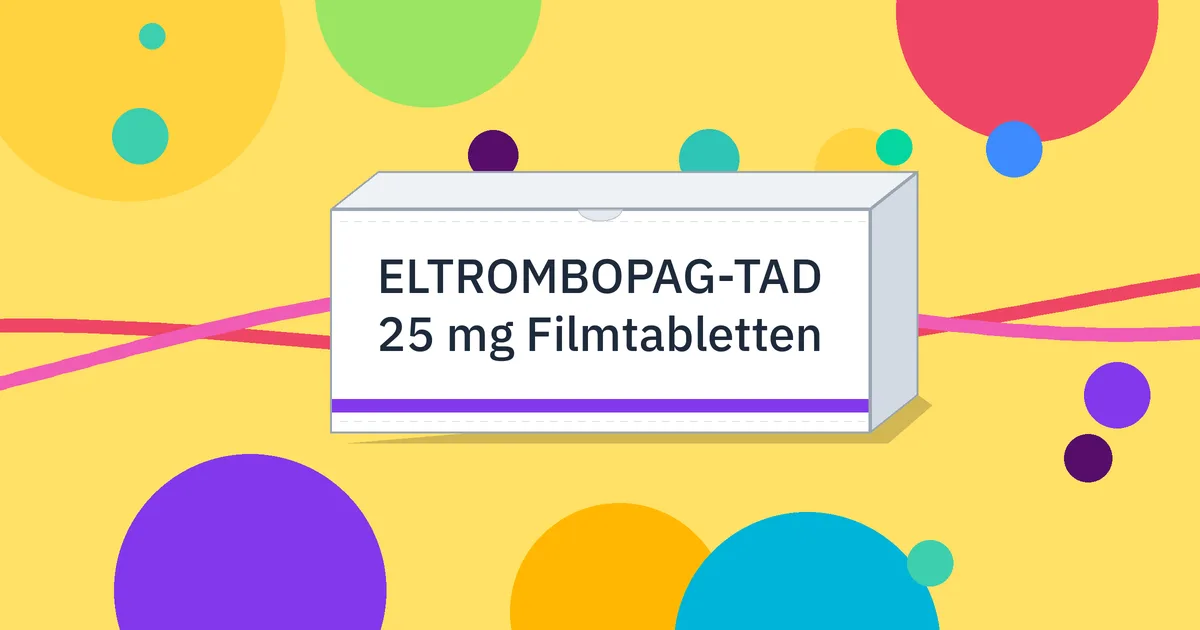 Symbolbild: Packung mit der Aufschrift ELTROMBOPAG-TAD 25 mg Filmtabletten (PZN 19878857) – Verfügbarkeit und Bezug in Apotheken in Frankfurt am Main