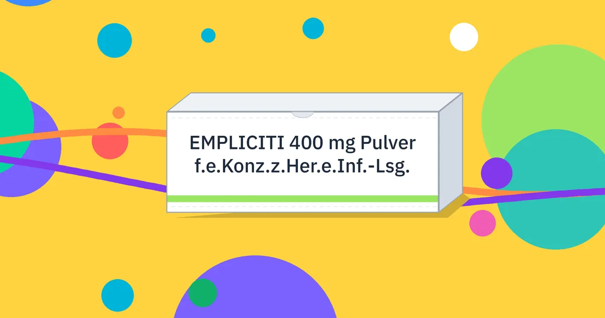 Symbolbild: Packung mit der Aufschrift EMPLICITI 400 mg Pulver f.e.Konz.z.Her.e.Inf.-Lsg. (PZN 11617407) – Verfügbarkeit und Bezug in Apotheken in Frankfurt am Main