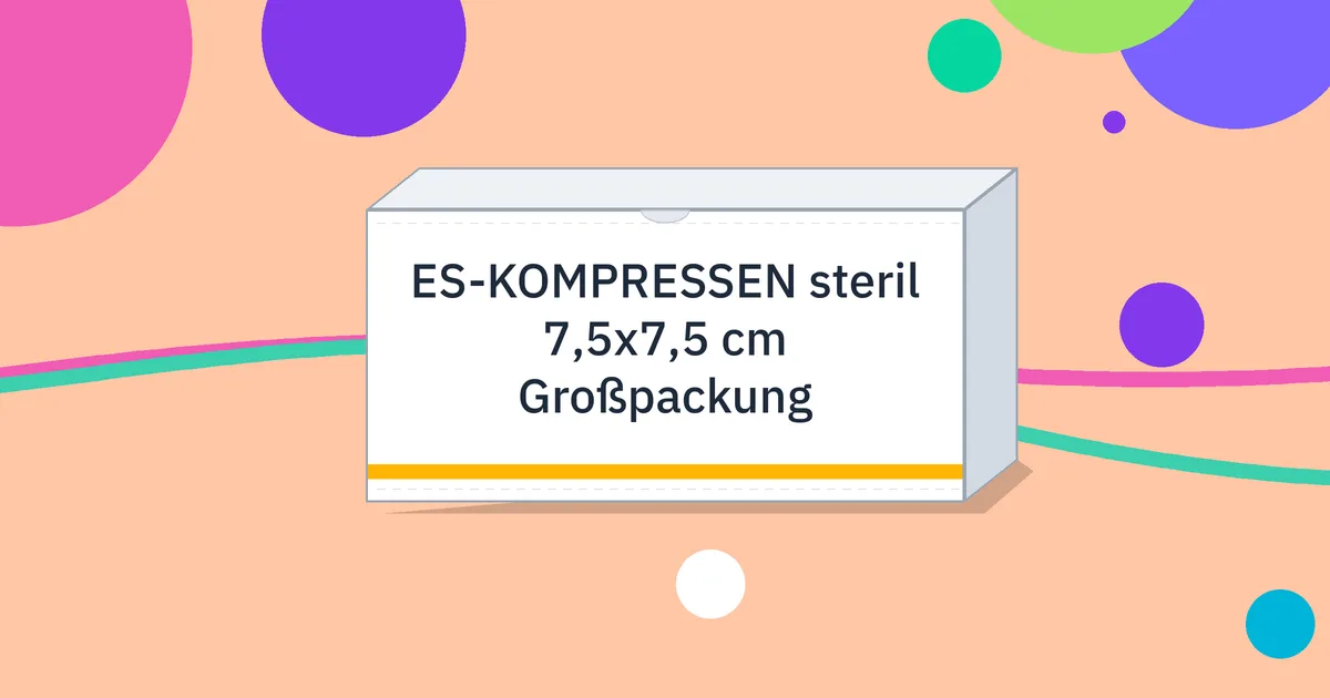 Symbolbild: Packung mit der Aufschrift ES-KOMPRESSEN steril 7,5x7,5 cm Großpackung (PZN 19700332) – Verfügbarkeit und Bezug in Apotheken in Frankfurt am Main