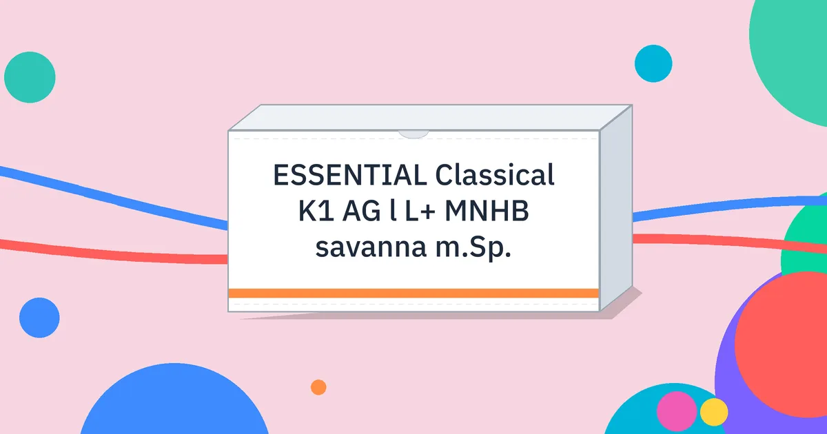 Symbolbild: Packung mit der Aufschrift ESSENTIAL Classical K1 AG l L+ MNHB savanna m.Sp. (PZN 19320701) – Verfügbarkeit und Bezug in Apotheken in Frankfurt am Main