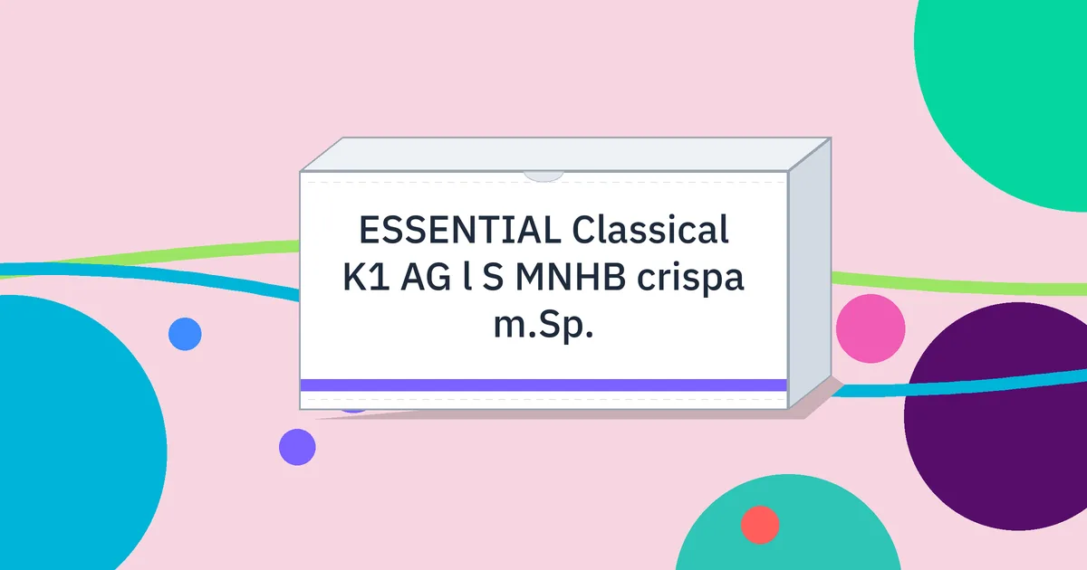 Symbolbild: Packung mit der Aufschrift ESSENTIAL Classical K1 AG l S MNHB crispa m.Sp. (PZN 19320871) – Verfügbarkeit und Bezug in Apotheken in Frankfurt am Main
