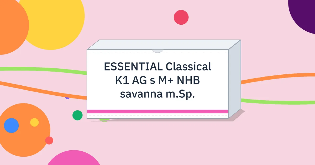 Symbolbild: Packung mit der Aufschrift ESSENTIAL Classical K1 AG s M+ NHB savanna m.Sp. (PZN 17003020) – Verfügbarkeit und Bezug in Apotheken in Frankfurt am Main