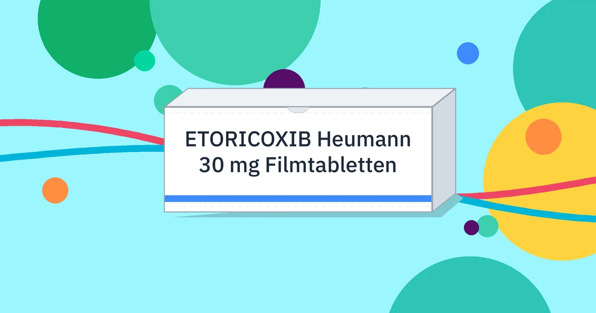 Symbolbild: Packung mit der Aufschrift ETORICOXIB Heumann 30 mg Filmtabletten (PZN 12545041) – Verfügbarkeit und Bezug in Apotheken in Frankfurt am Main