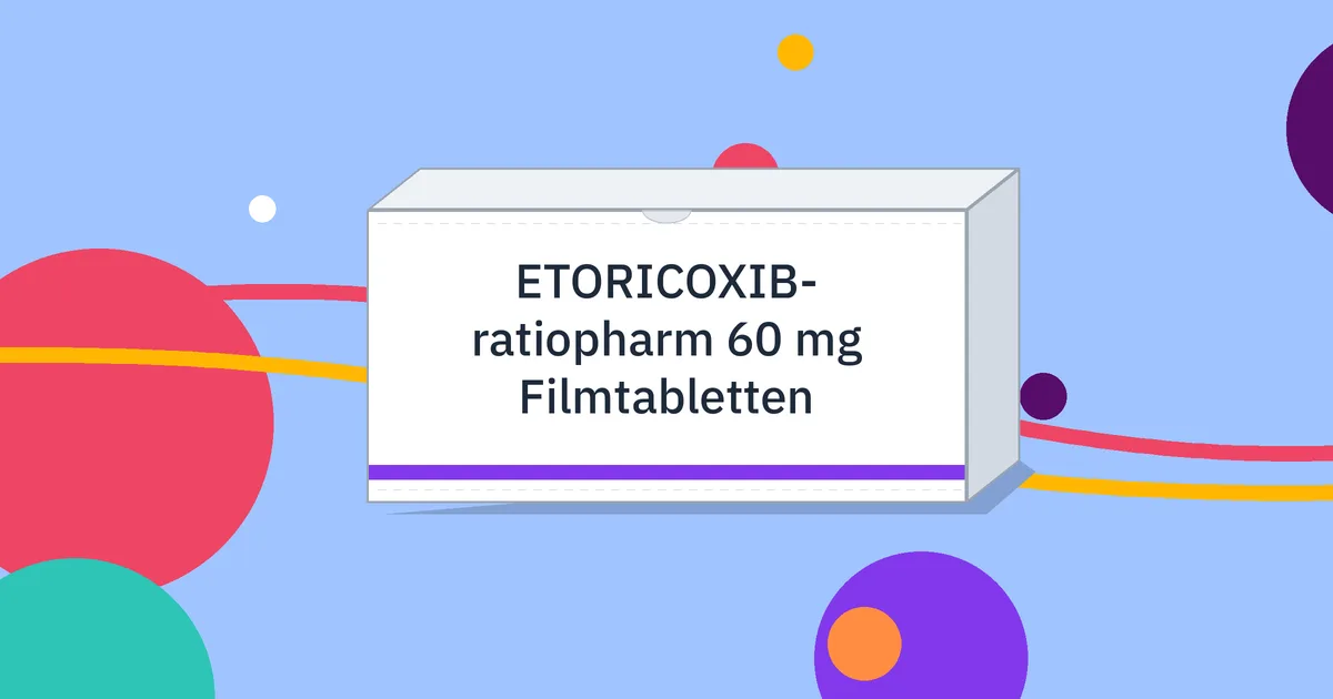 Symbolbild: Packung mit der Aufschrift ETORICOXIB-ratiopharm 60 mg Filmtabletten (PZN 12377098) – Verfügbarkeit und Bezug in Apotheken in Frankfurt am Main