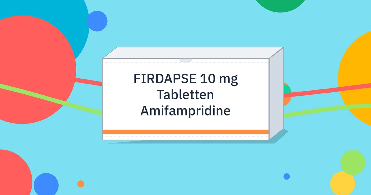 Symbolbild: Packung mit der Aufschrift FIRDAPSE 10 mg Tabletten Amifampridine (PZN 12739779) – Verfügbarkeit und Bezug in Apotheken in Frankfurt am Main