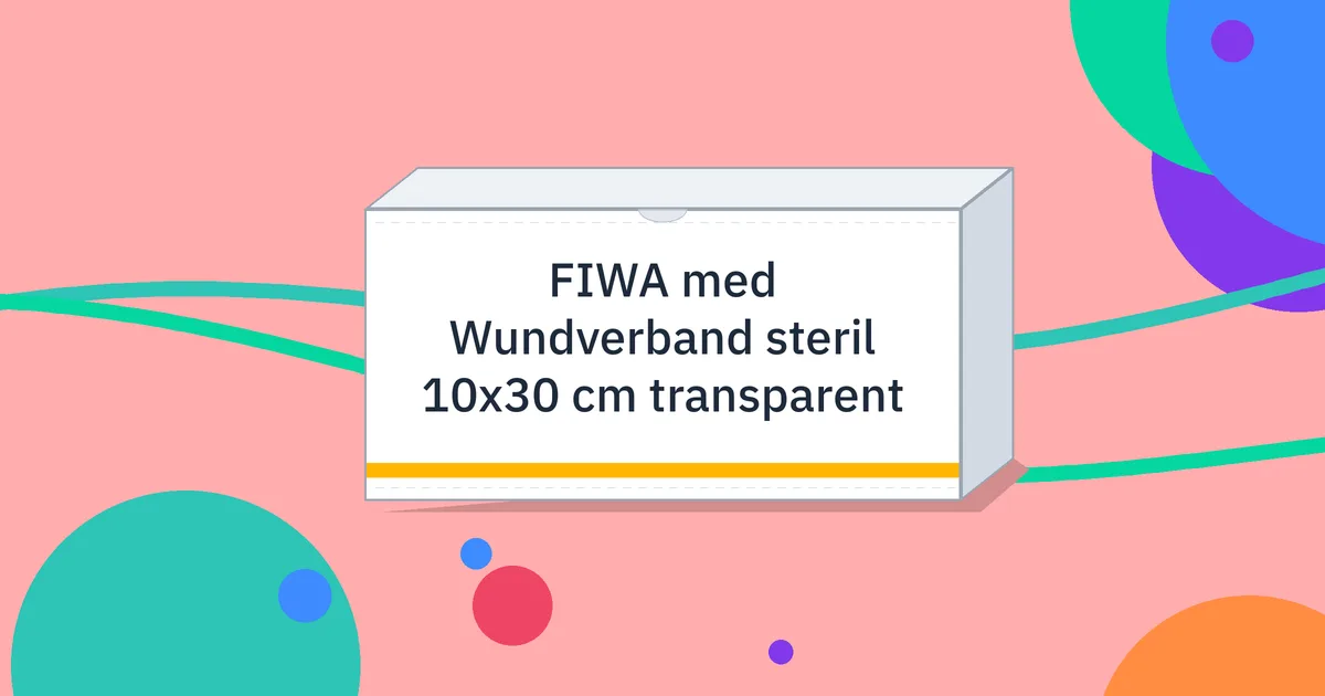 Symbolbild: Packung mit der Aufschrift FIWA med Wundverband steril 10x30 cm transparent (PZN 19813467) – Verfügbarkeit und Bezug in Apotheken in Frankfurt am Main