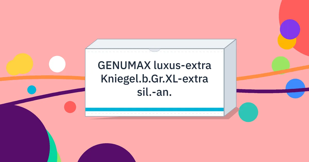Symbolbild: Packung mit der Aufschrift GENUMAX luxus-extra Kniegel.b.Gr.XL-extra sil.-an. (PZN 11329068) – Verfügbarkeit und Bezug in Apotheken in Frankfurt am Main