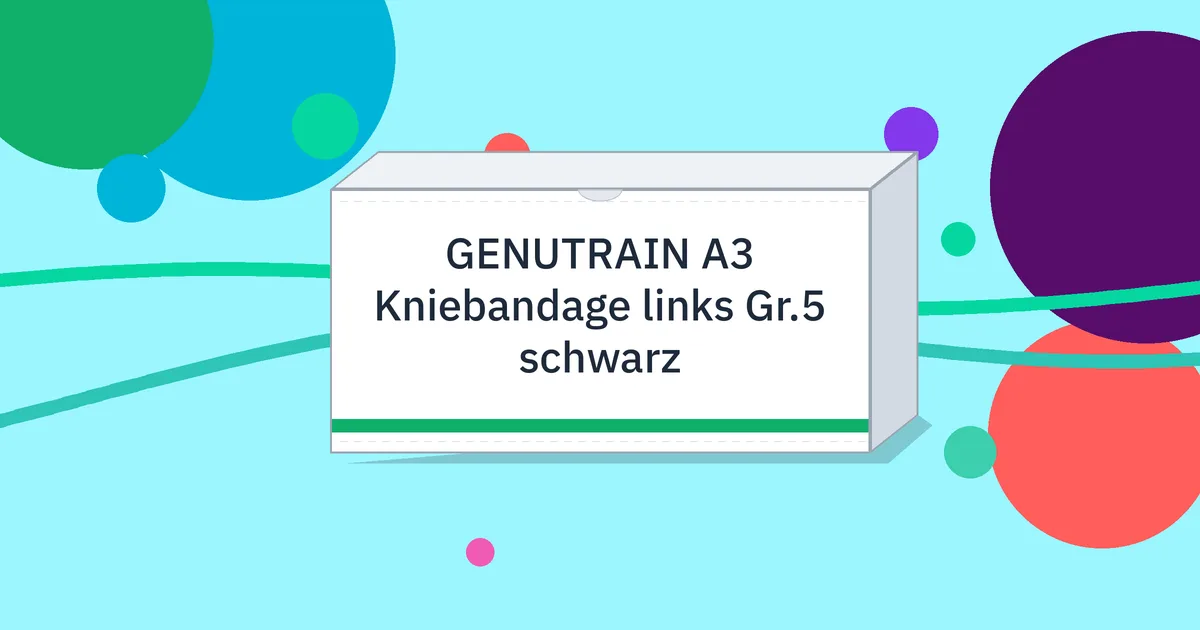 Symbolbild: Packung mit der Aufschrift GENUTRAIN A3 Kniebandage links Gr.5 schwarz (PZN 19100129) – Verfügbarkeit und Bezug in Apotheken in Frankfurt am Main