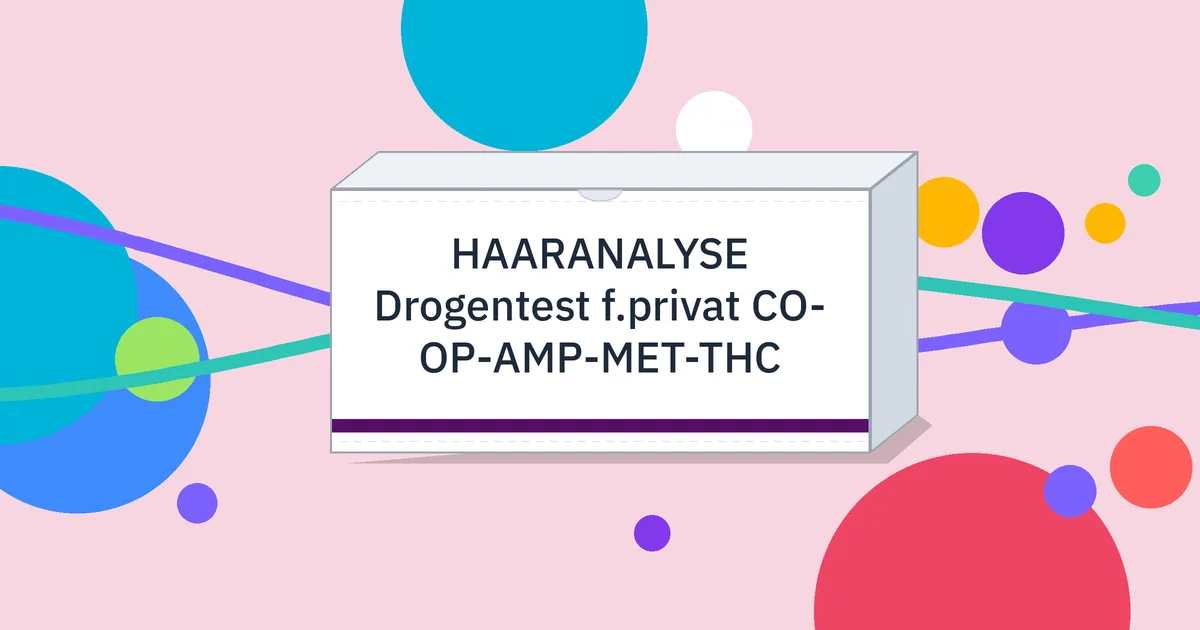 Symbolbild: Packung mit der Aufschrift HAARANALYSE Drogentest f.privat CO-OP-AMP-MET-THC (PZN 11128884) – Verfügbarkeit und Bezug in Apotheken in Frankfurt am Main