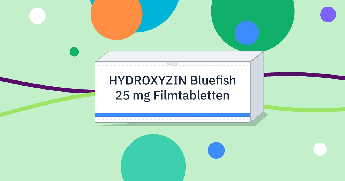 Symbolbild: Packung mit der Aufschrift HYDROXYZIN Bluefish 25 mg Filmtabletten (PZN 12344259) – Verfügbarkeit und Bezug in Apotheken in Frankfurt am Main