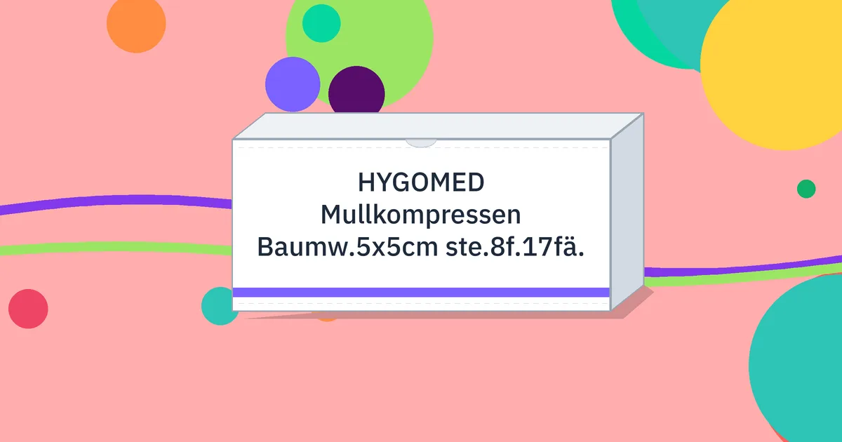 Symbolbild: Packung mit der Aufschrift HYGOMED Mullkompressen Baumw.5x5cm ste.8f.17fä. (PZN 20383173) – Verfügbarkeit und Bezug in Apotheken in Frankfurt am Main