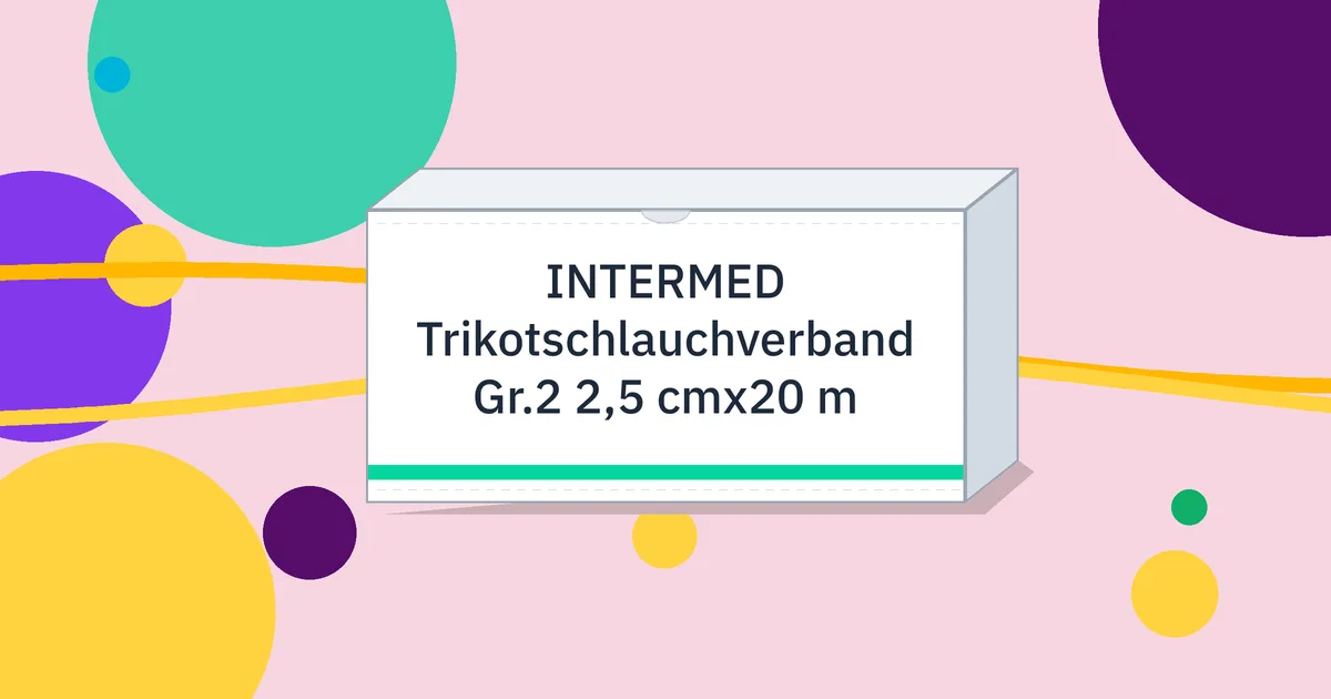 Symbolbild: Packung mit der Aufschrift INTERMED Trikotschlauchverband Gr.2 2,5 cmx20 m (PZN 02605144) – Verfügbarkeit und Bezug in Apotheken in Frankfurt am Main