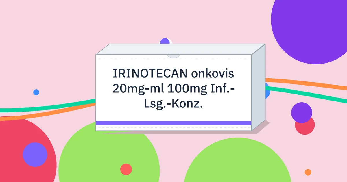 Symbolbild: Packung mit der Aufschrift IRINOTECAN onkovis 20mg-ml 100mg Inf.-Lsg.-Konz. (PZN 05387920) – Verfügbarkeit und Bezug in Apotheken in Frankfurt am Main