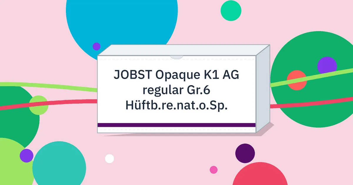Symbolbild: Packung mit der Aufschrift JOBST Opaque K1 AG regular Gr.6 Hüftb.re.nat.o.Sp. (PZN 13101665) – Verfügbarkeit und Bezug in Apotheken in Frankfurt am Main