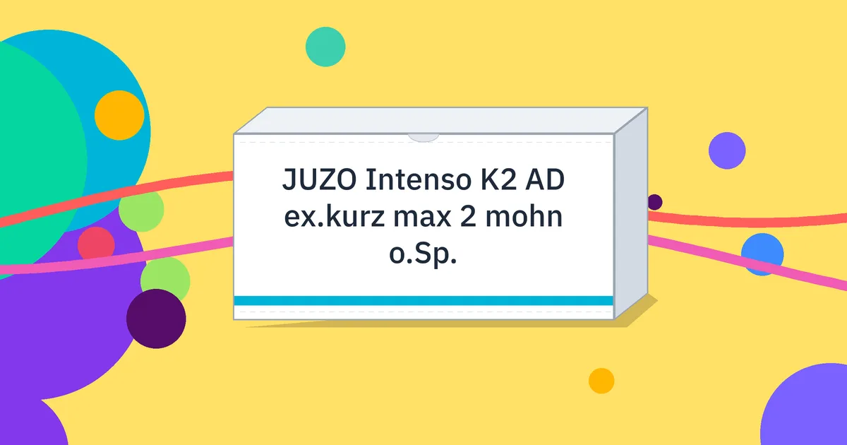 Symbolbild: Packung mit der Aufschrift JUZO Intenso K2 AD ex.kurz max 2 mohn o.Sp. (PZN 18617669) – Verfügbarkeit und Bezug in Apotheken in Frankfurt am Main