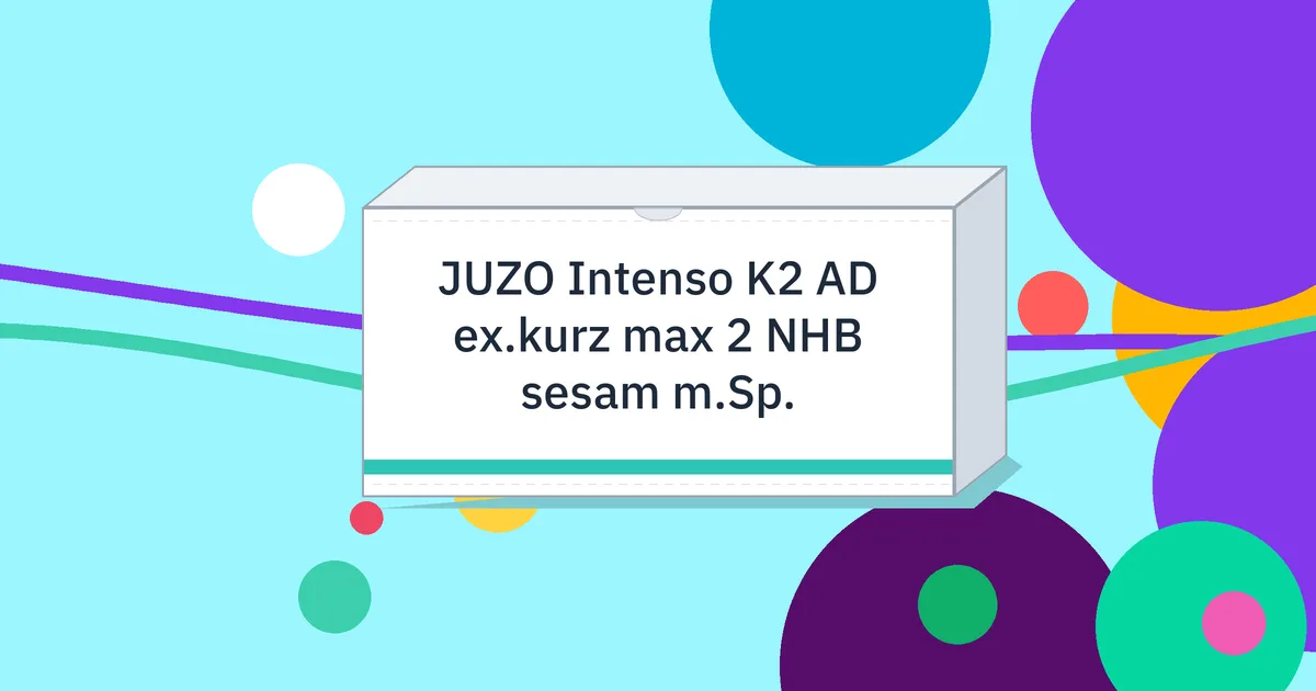 Symbolbild: Packung mit der Aufschrift JUZO Intenso K2 AD ex.kurz max 2 NHB sesam m.Sp. (PZN 18610331) – Verfügbarkeit und Bezug in Apotheken in Frankfurt am Main