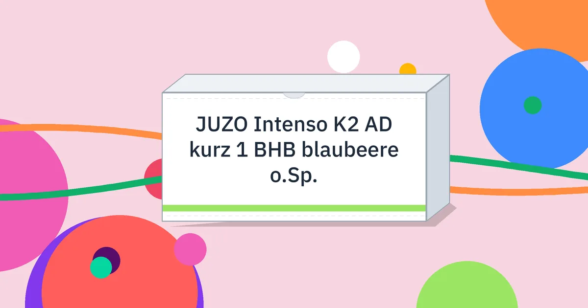 Symbolbild: Packung mit der Aufschrift JUZO Intenso K2 AD kurz 1 BHB blaubeere o.Sp. (PZN 18625054) – Verfügbarkeit und Bezug in Apotheken in Frankfurt am Main