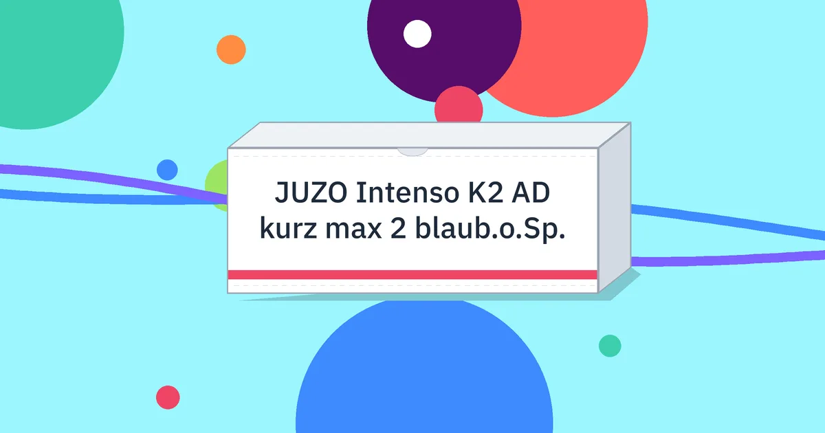 Symbolbild: Packung mit der Aufschrift JUZO Intenso K2 AD kurz max 2 blaub.o.Sp. (PZN 18619237) – Verfügbarkeit und Bezug in Apotheken in Frankfurt am Main