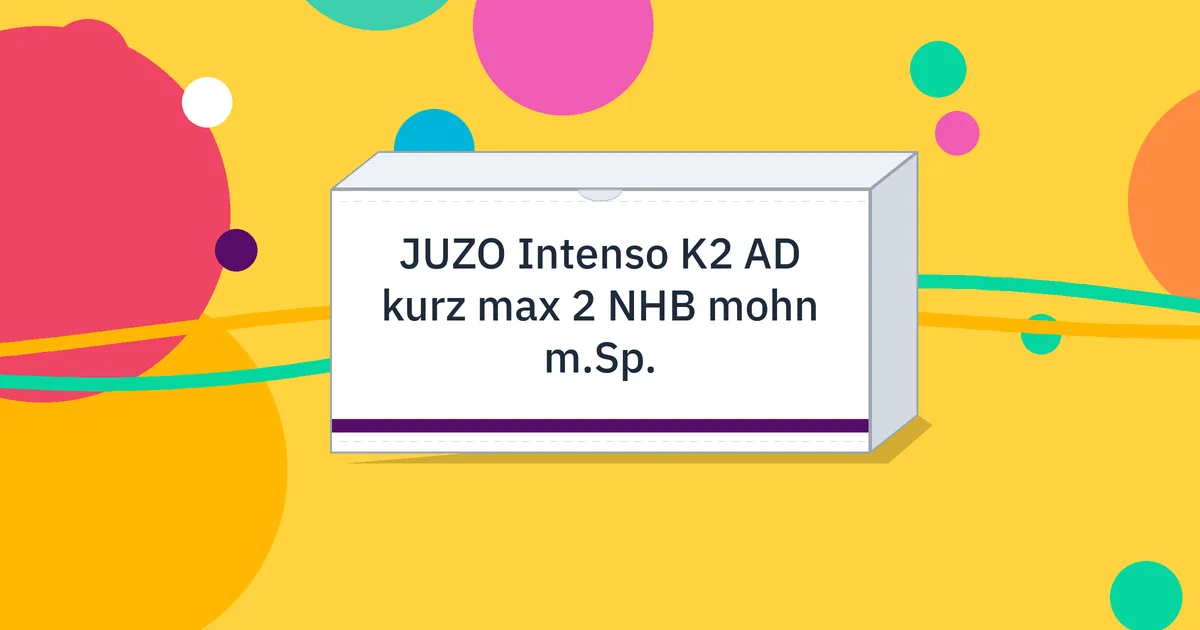 Symbolbild: Packung mit der Aufschrift JUZO Intenso K2 AD kurz max 2 NHB mohn m.Sp. (PZN 18612376) – Verfügbarkeit und Bezug in Apotheken in Frankfurt am Main