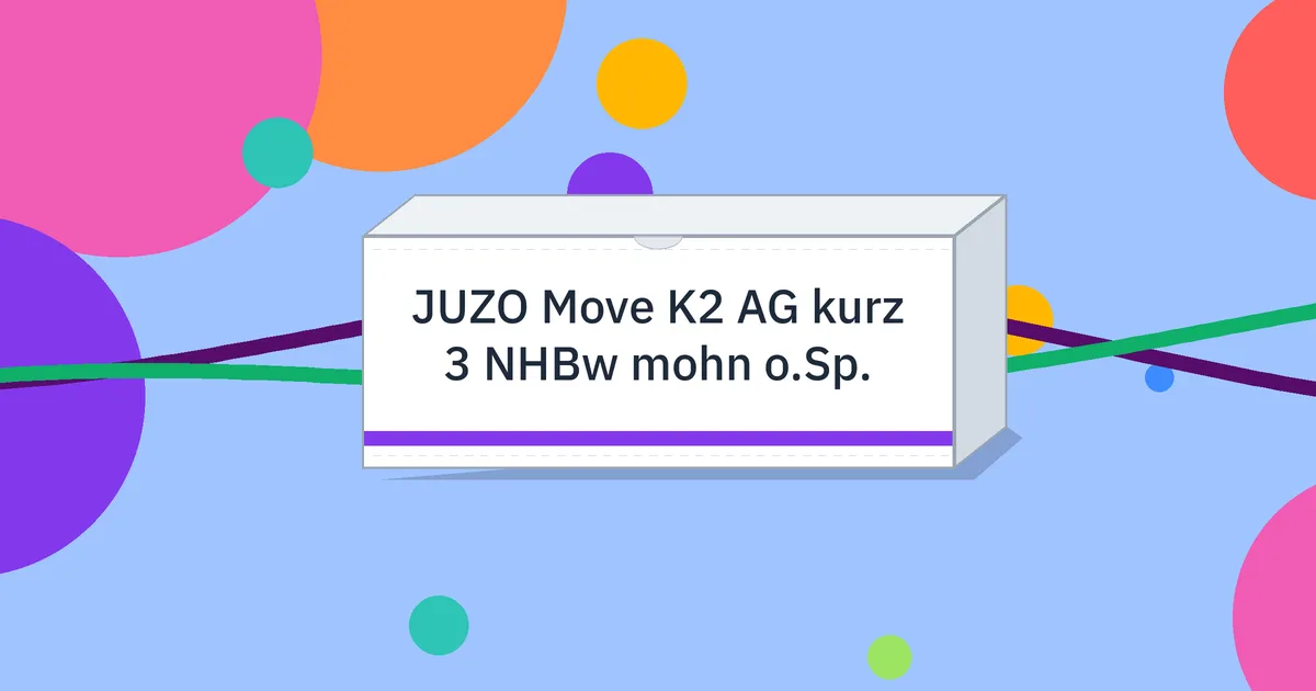 Symbolbild: Packung mit der Aufschrift JUZO Move K2 AG kurz 3 NHBw mohn o.Sp. (PZN 18560662) – Verfügbarkeit und Bezug in Apotheken in Frankfurt am Main