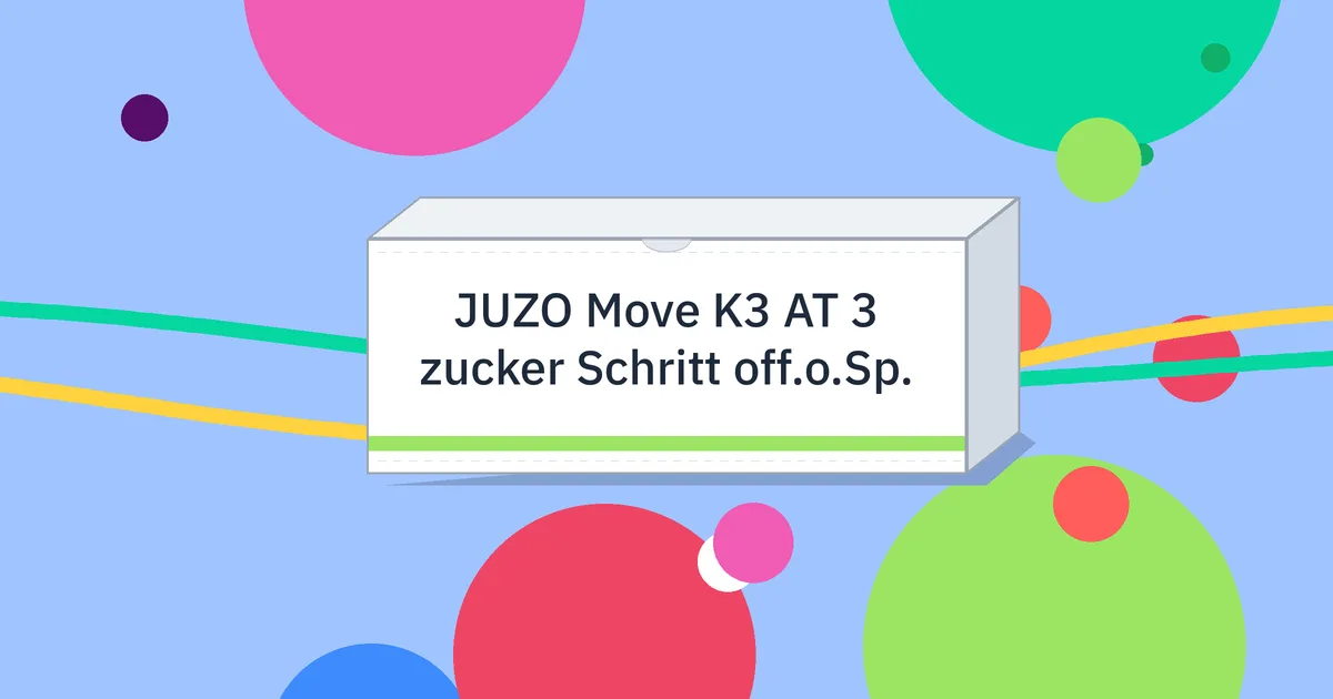 Symbolbild: Packung mit der Aufschrift JUZO Move K3 AT 3 zucker Schritt off.o.Sp. (PZN 20678750) – Verfügbarkeit und Bezug in Apotheken in Frankfurt am Main