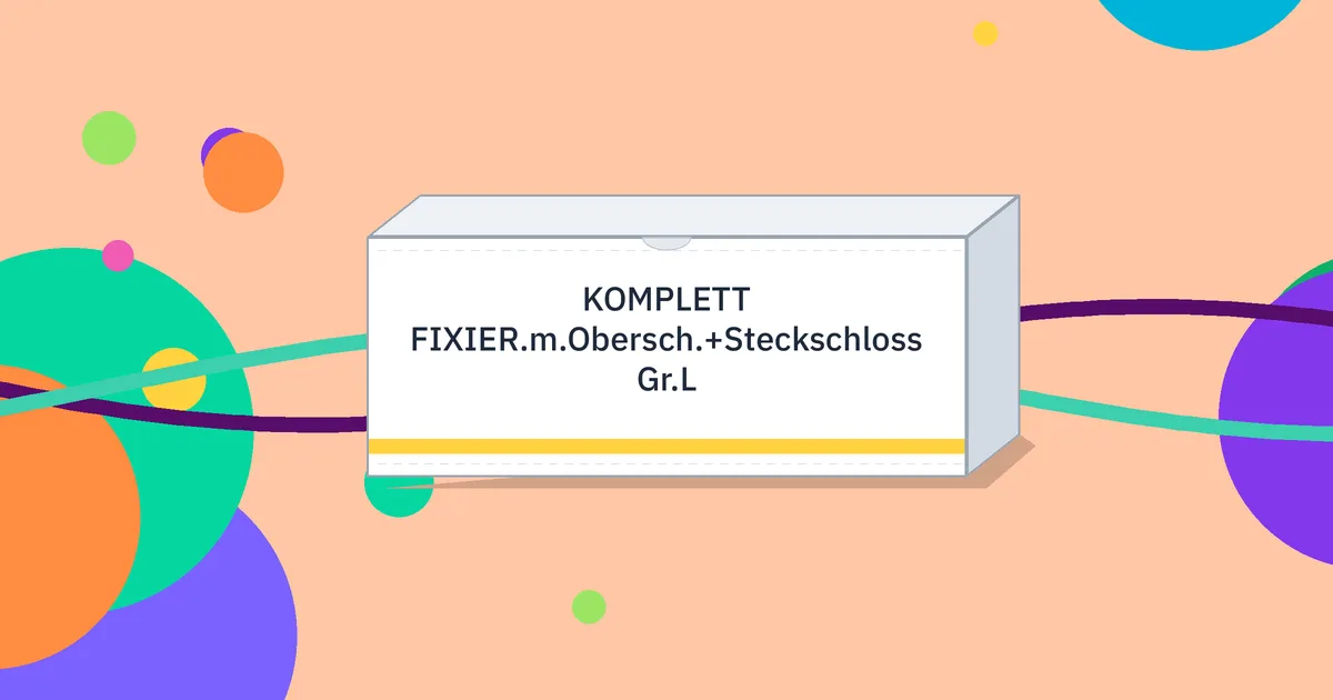 Symbolbild: Packung mit der Aufschrift KOMPLETT FIXIER.m.Obersch.+Steckschloss Gr.L (PZN 11574052) – Verfügbarkeit und Bezug in Apotheken in Frankfurt am Main