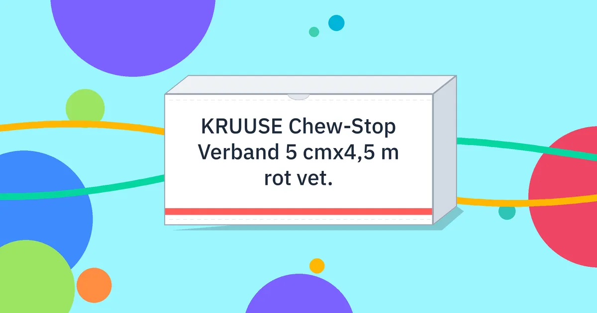 Symbolbild: Packung mit der Aufschrift KRUUSE Chew-Stop Verband 5 cmx4,5 m rot vet. (PZN 18443241) – Verfügbarkeit und Bezug in Apotheken in Frankfurt am Main
