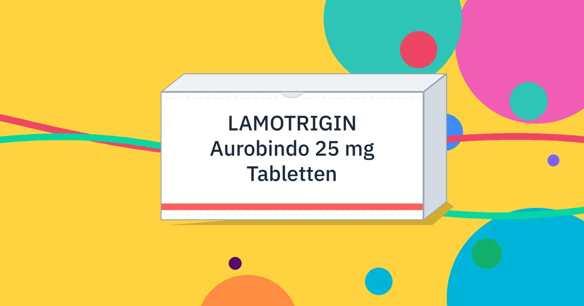Symbolbild: Packung mit der Aufschrift LAMOTRIGIN Aurobindo 25 mg Tabletten (PZN 07712672) – Verfügbarkeit und Bezug in Apotheken in Frankfurt am Main