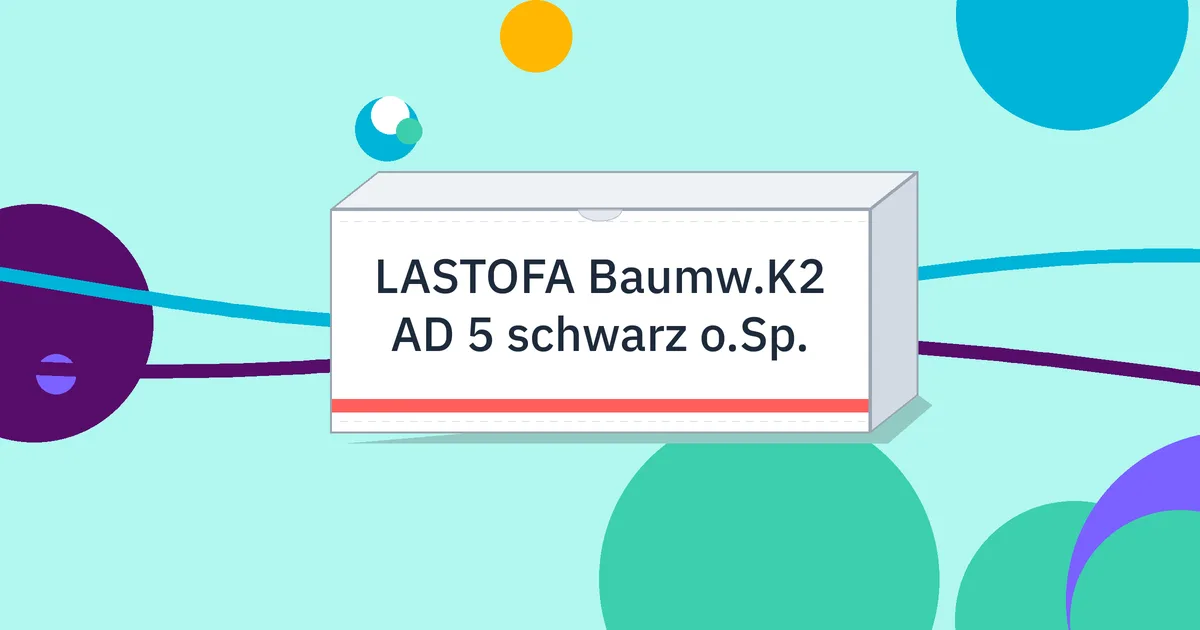 Symbolbild: Packung mit der Aufschrift LASTOFA Baumw.K2 AD 5 schwarz o.Sp. (PZN 01944832) – Verfügbarkeit und Bezug in Apotheken in Frankfurt am Main