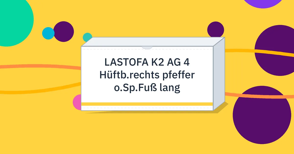 Symbolbild: Packung mit der Aufschrift LASTOFA K2 AG 4 Hüftb.rechts pfeffer o.Sp.Fuß lang (PZN 14152512) – Verfügbarkeit und Bezug in Apotheken in Frankfurt am Main