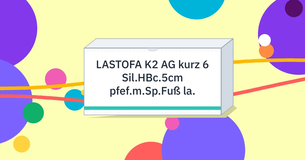 Symbolbild: Packung mit der Aufschrift LASTOFA K2 AG kurz 6 Sil.HBc.5cm pfef.m.Sp.Fuß la. (PZN 13808086) – Verfügbarkeit und Bezug in Apotheken in Frankfurt am Main