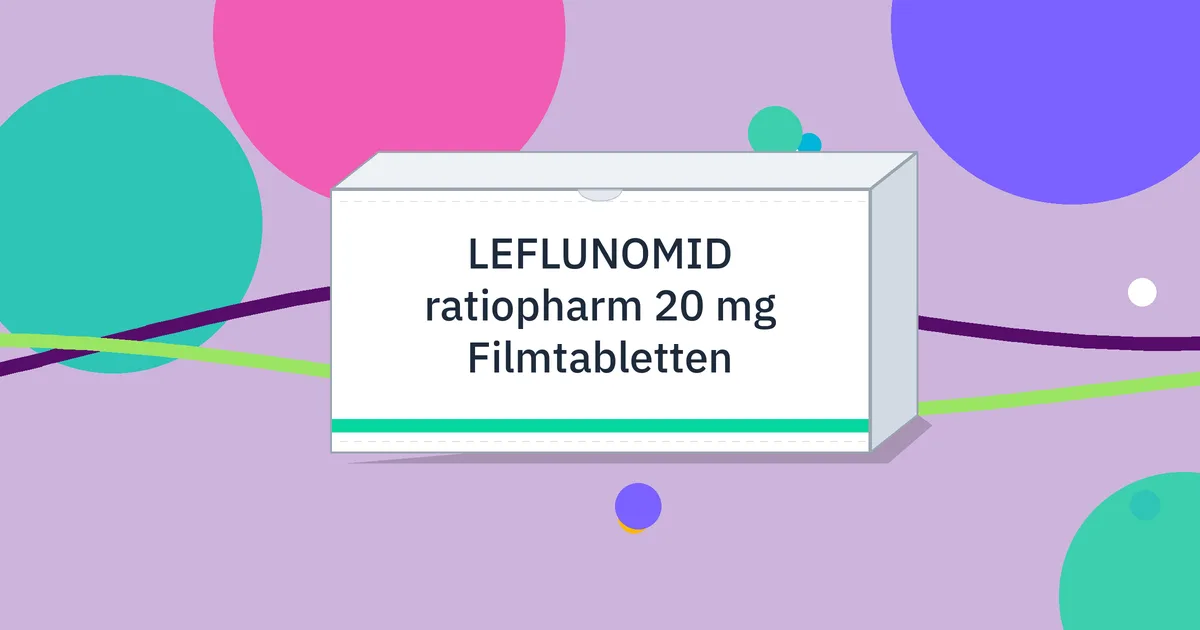 Symbolbild: Packung mit der Aufschrift LEFLUNOMID ratiopharm 20 mg Filmtabletten (PZN 06456675) – Verfügbarkeit und Bezug in Apotheken in Frankfurt am Main