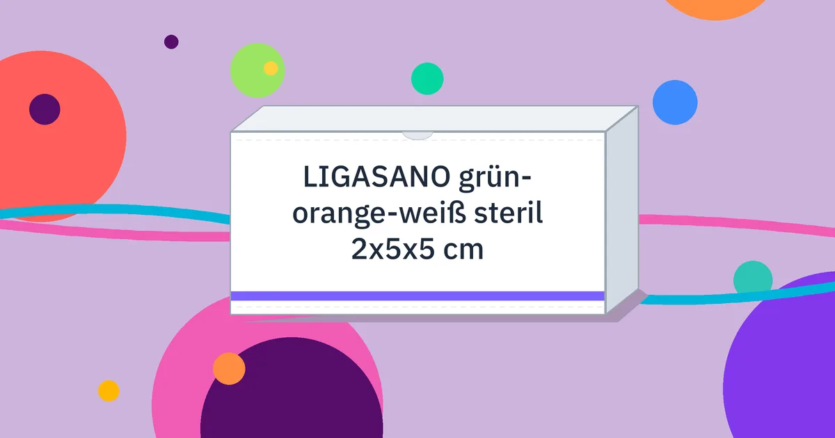 Symbolbild: Packung mit der Aufschrift LIGASANO grün-orange-weiß steril 2x5x5 cm (PZN 17252125) – Verfügbarkeit und Bezug in Apotheken in Frankfurt am Main