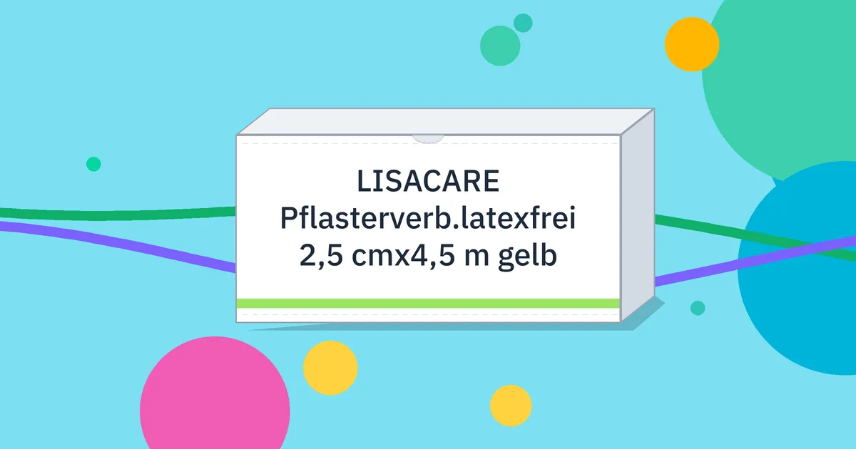 Symbolbild: Packung mit der Aufschrift LISACARE Pflasterverb.latexfrei 2,5 cmx4,5 m gelb (PZN 18324737) – Verfügbarkeit und Bezug in Apotheken in Frankfurt am Main