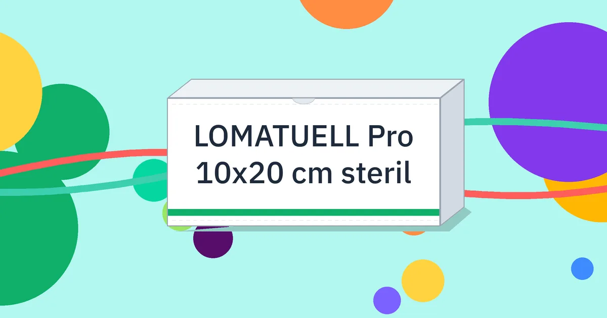Symbolbild: Packung mit der Aufschrift LOMATUELL Pro 10x20 cm steril (PZN 16163796) – Verfügbarkeit und Bezug in Apotheken in Frankfurt am Main