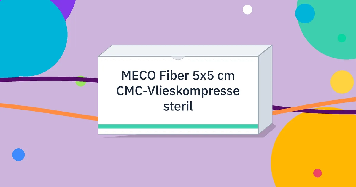 Symbolbild: Packung mit der Aufschrift MECO Fiber 5x5 cm CMC-Vlieskompresse steril (PZN 16820403) – Verfügbarkeit und Bezug in Apotheken in Frankfurt am Main