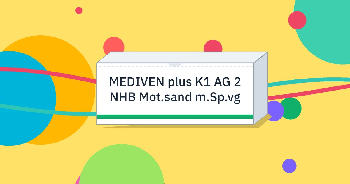 Symbolbild: Packung mit der Aufschrift MEDIVEN plus K1 AG 2 NHB Mot.sand m.Sp.vg (PZN 18940614) – Verfügbarkeit und Bezug in Apotheken in Frankfurt am Main