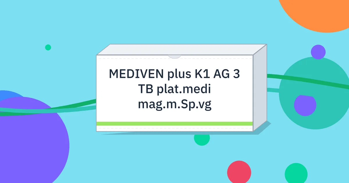 Symbolbild: Packung mit der Aufschrift MEDIVEN plus K1 AG 3 TB plat.medi mag.m.Sp.vg (PZN 15060309) – Verfügbarkeit und Bezug in Apotheken in Frankfurt am Main