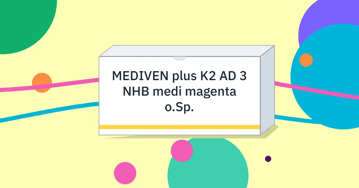 Symbolbild: Packung mit der Aufschrift MEDIVEN plus K2 AD 3 NHB medi magenta o.Sp. (PZN 15936701) – Verfügbarkeit und Bezug in Apotheken in Frankfurt am Main