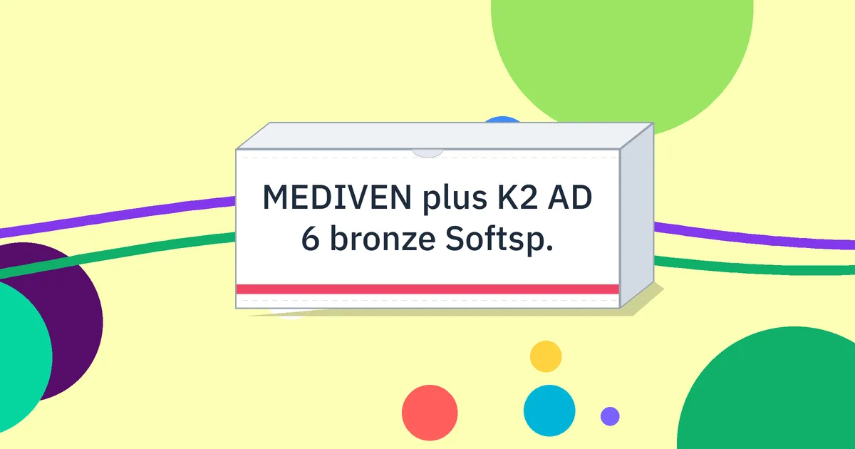 Symbolbild: Packung mit der Aufschrift MEDIVEN plus K2 AD 6 bronze Softsp. (PZN 15093674) – Verfügbarkeit und Bezug in Apotheken in Frankfurt am Main
