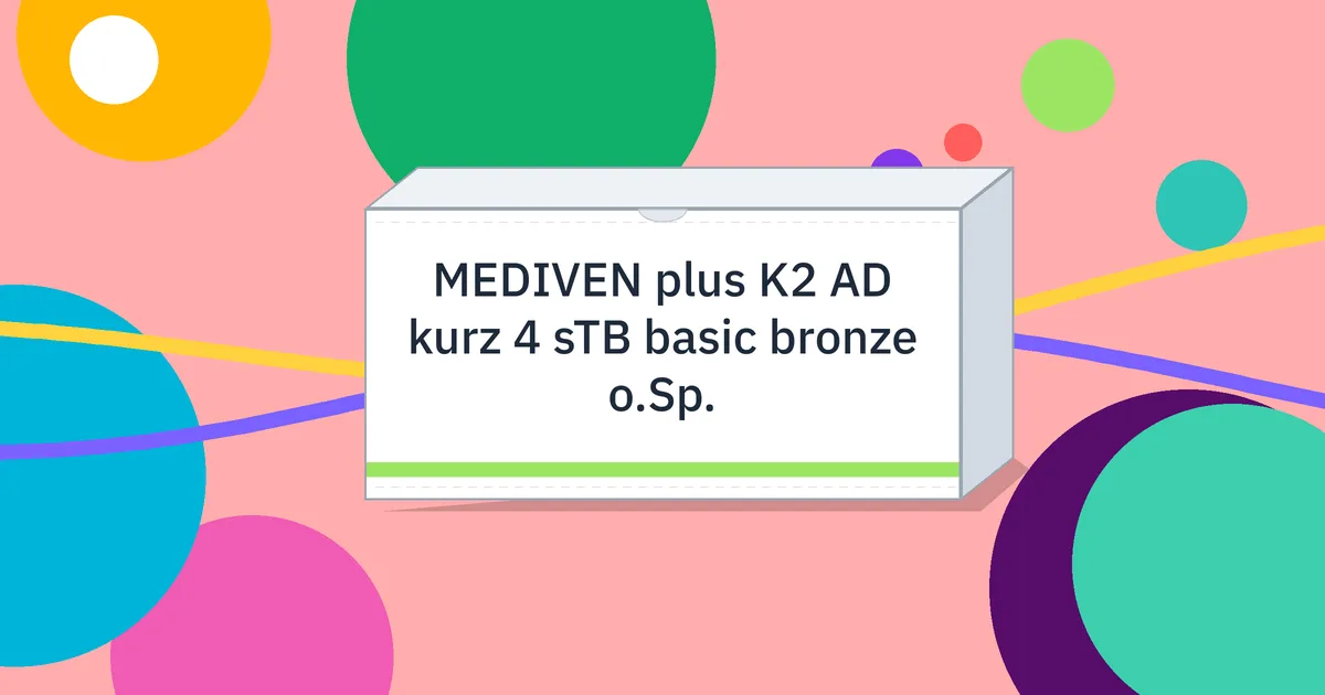 Symbolbild: Packung mit der Aufschrift MEDIVEN plus K2 AD kurz 4 sTB basic bronze o.Sp. (PZN 15100121) – Verfügbarkeit und Bezug in Apotheken in Frankfurt am Main