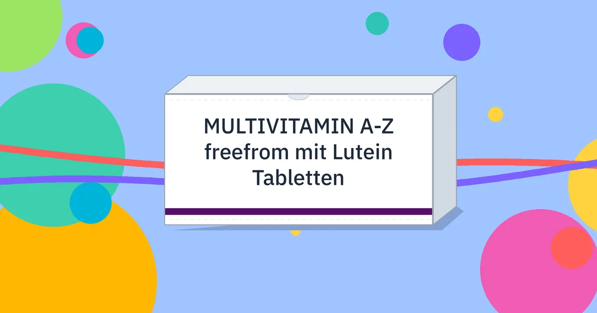 Symbolbild: Packung mit der Aufschrift MULTIVITAMIN A-Z freefrom mit Lutein Tabletten (PZN 11239230) – Verfügbarkeit und Bezug in Apotheken in Frankfurt am Main