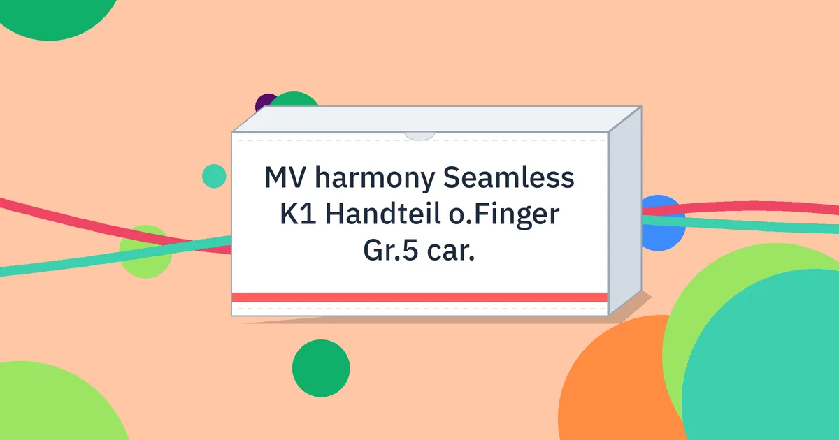 Symbolbild: Packung mit der Aufschrift MV harmony Seamless K1 Handteil o.Finger Gr.5 car. (PZN 17590537) – Verfügbarkeit und Bezug in Apotheken in Frankfurt am Main